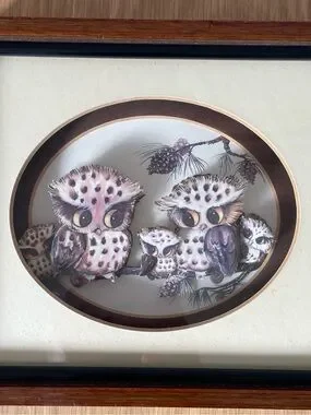 Art | Vintage Mcm Big Eyed Owl Family 3d Paper Cut Shadowbox Lois ...
